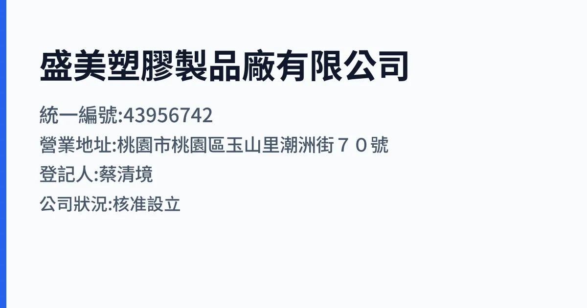 盛美塑膠製品廠有限公司 - 統編 43956742(桃園市) 公司登記資料與營業項目詳細圖表