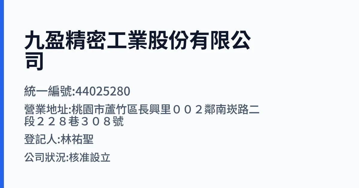 九盈精密工業股份有限公司 - 統編 44025280(桃園市) 公司登記資料與營業項目詳細圖表