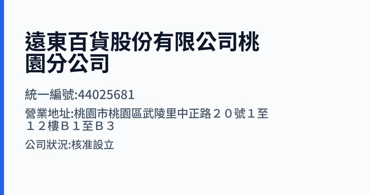 遠東百貨股份有限公司桃園分公司 - 統編 44025681(桃園市) 公司登記資料與營業項目詳細圖表