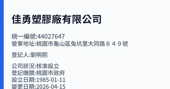 佳勇塑膠廠有限公司的照片-統編 44027647(桃園市) 公司登記資料與營業項目詳細圖表