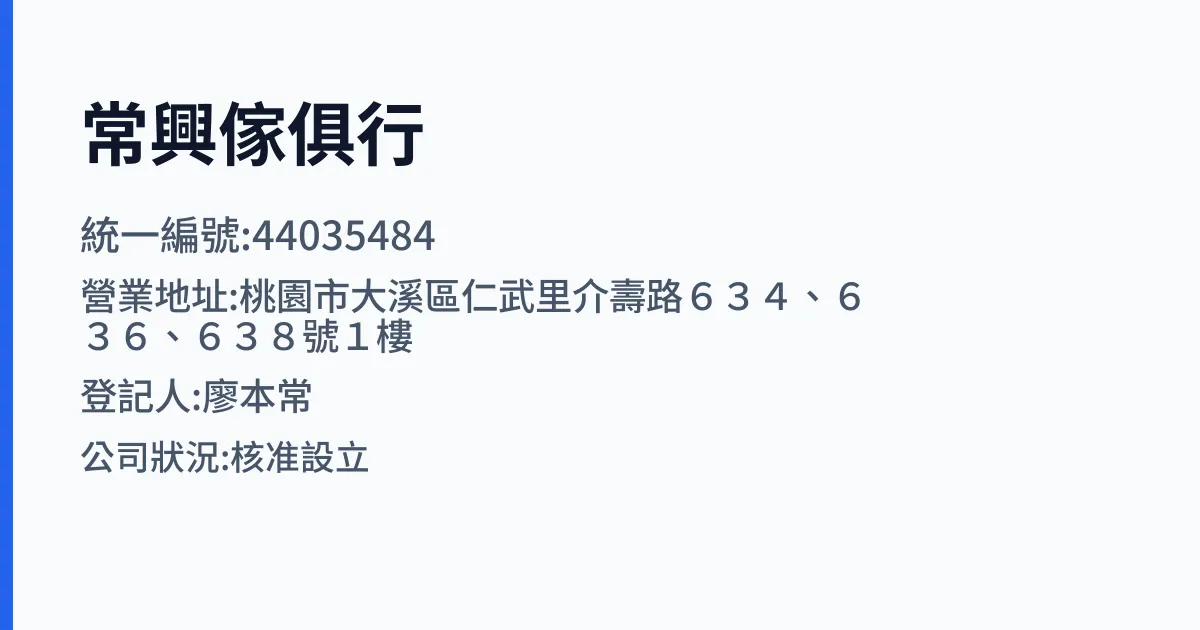 常興傢俱行 - 統編 44035484(桃園市) 公司登記資料與營業項目詳細圖表