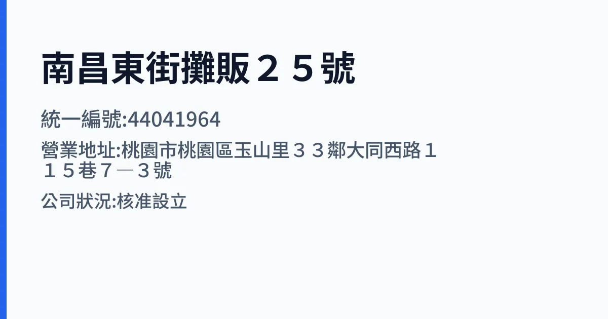 南昌東街攤販２５號 - 統編 44041964(桃園市) 公司登記資料與營業項目詳細圖表