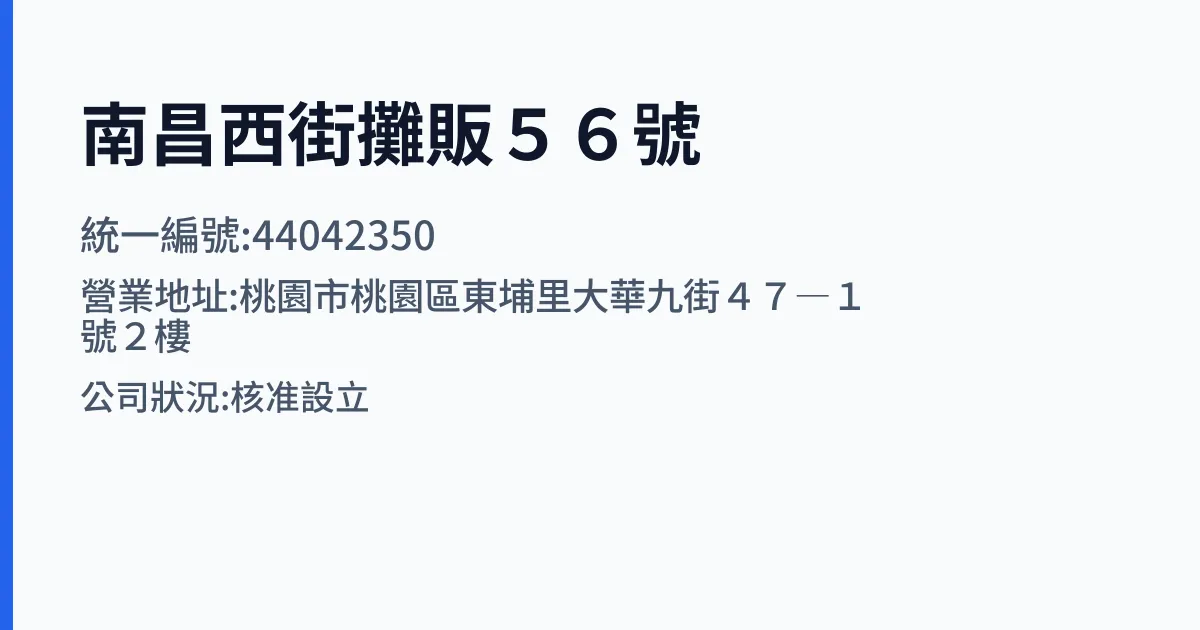 南昌西街攤販56號 - 統編 44042350(桃園市) 公司登記資料與營業項目詳細圖表