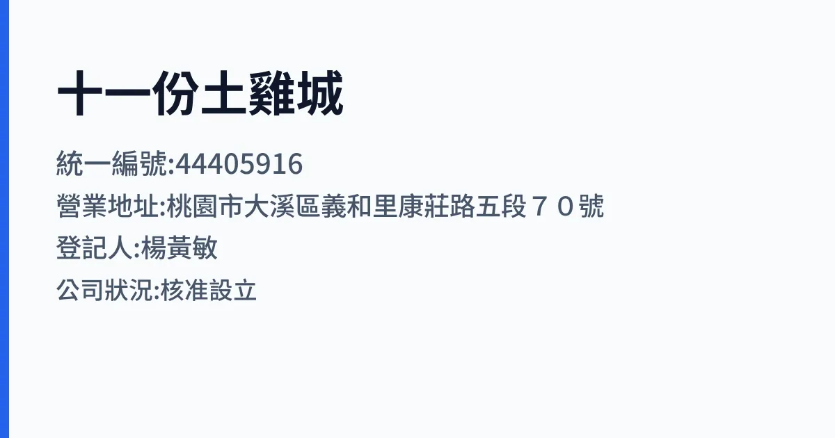 十一份土雞城 - 統編 44405916(桃園市) 公司登記資料與營業項目詳細圖表