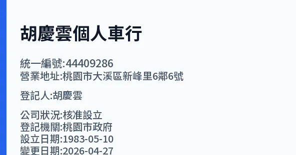 胡慶雲個人車行的照片-統編 44409286(桃園市) 公司登記資料與營業項目詳細圖表