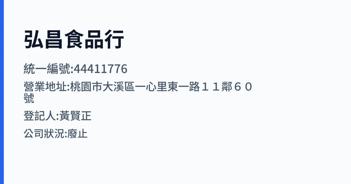 弘昌食品行 - 統編 44411776(桃園市) 公司登記資料與營業項目詳細圖表