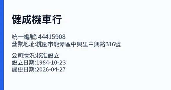 健成機車行的照片-統編 44415908(桃園市) 公司登記資料與營業項目詳細圖表
