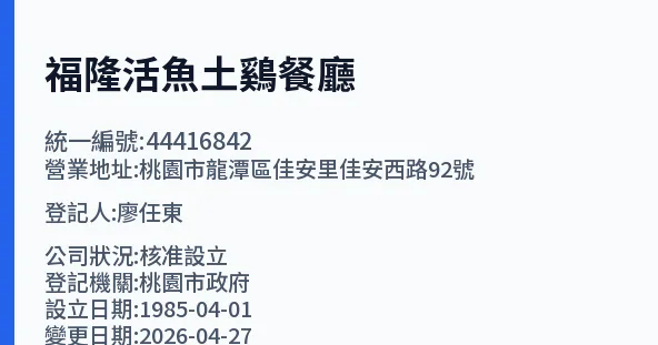 福隆活魚土鷄餐廳的照片-統編 44416842(桃園市) 公司登記資料與營業項目詳細圖表
