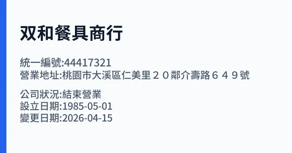 双和餐具商行的照片-統編 44417321(桃園市) 公司登記資料與營業項目詳細圖表