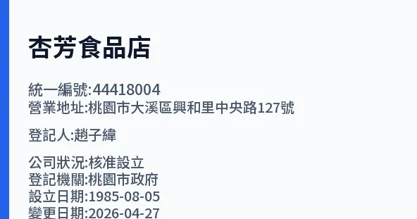 杏芳食品店的照片-統編 44418004(桃園市) 公司登記資料與營業項目詳細圖表