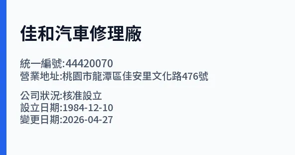 佳和汽車修理廠的照片-統編 44420070(桃園市) 公司登記資料與營業項目詳細圖表