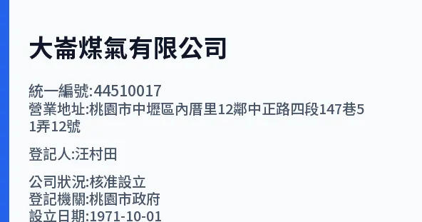 大崙煤氣有限公司的照片-統編 44510017(桃園市) 公司登記資料與營業項目詳細圖表