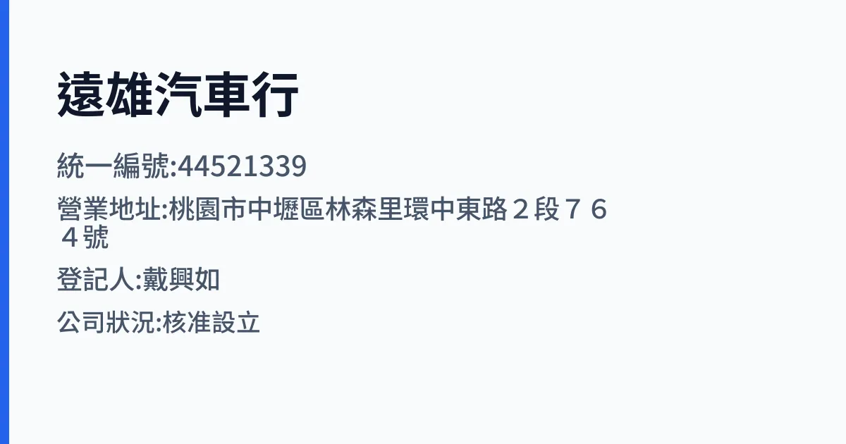 遠雄汽車行 - 統編 44521339(桃園市) 公司登記資料與營業項目詳細圖表