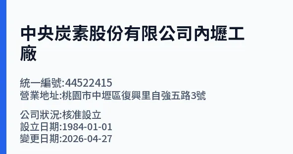 中央炭素股份有限公司內壢工廠的照片-統編 44522415(桃園市) 公司登記資料與營業項目詳細圖表