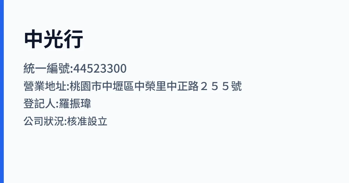 中光行 - 統編 44523300(桃園市) 公司登記資料與營業項目詳細圖表