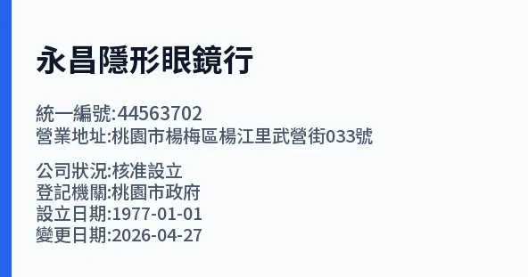 永昌隱形眼鏡行的照片-統編 44563702(桃園市) 公司登記資料與營業項目詳細圖表