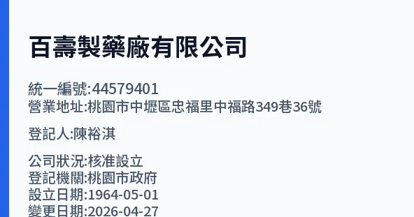 百壽製藥廠有限公司的照片-統編 44579401(桃園市) 公司登記資料與營業項目詳細圖表