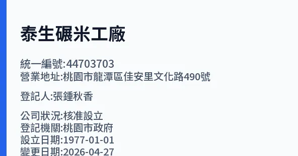 泰生碾米工廠的照片-統編 44703703(桃園市) 公司登記資料與營業項目詳細圖表