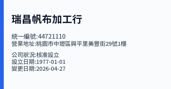 瑞昌帆布加工行的照片-統編 44721110(桃園市) 公司登記資料與營業項目詳細圖表