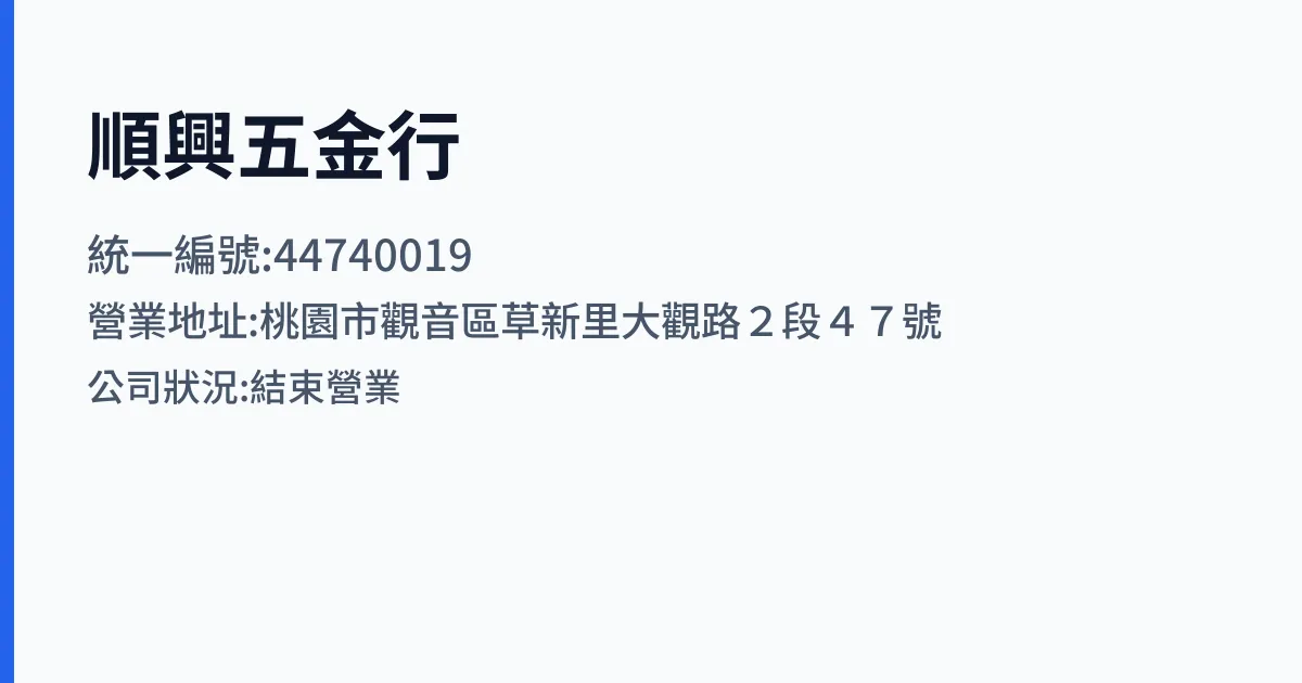 順興五金行 - 統編 44740019(桃園市) 公司登記資料與營業項目詳細圖表