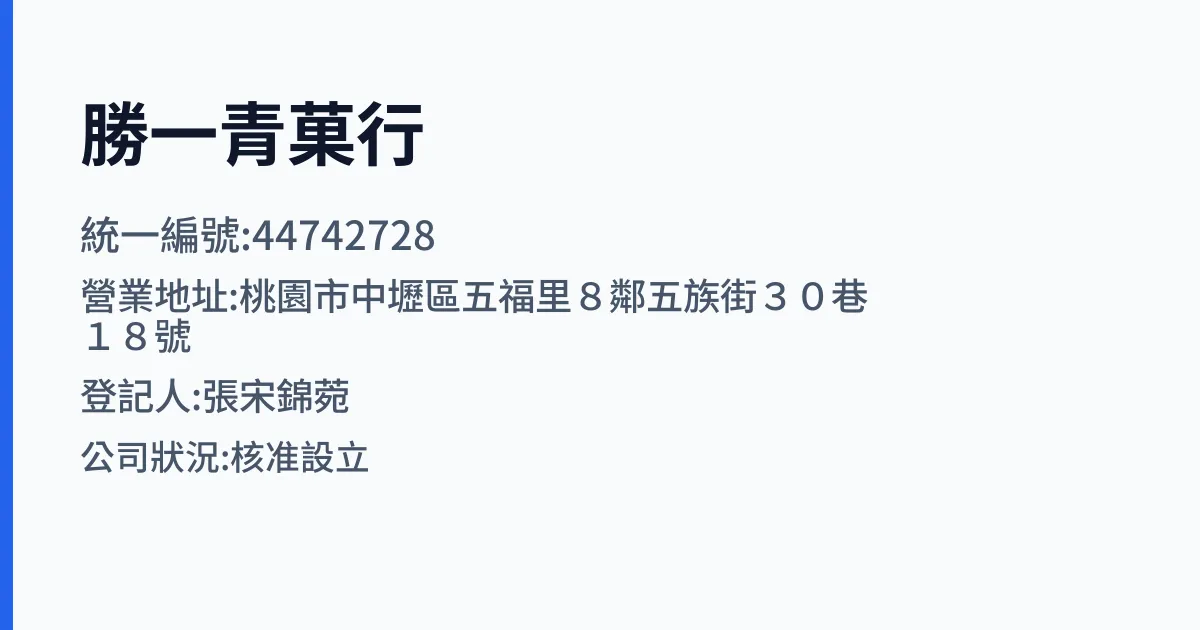 勝一青菓行 - 統編 44742728(桃園市) 公司登記資料與營業項目詳細圖表