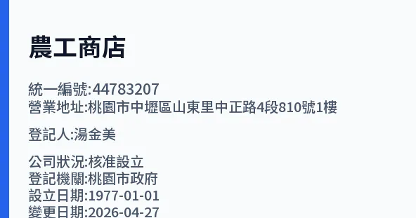 農工商店的照片-統編 44783207(桃園市) 公司登記資料與營業項目詳細圖表