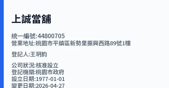 上誠當舖的照片-統編 44800705(桃園市) 公司登記資料與營業項目詳細圖表