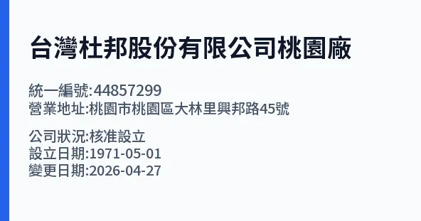 台灣杜邦股份有限公司桃園廠的照片-統編 44857299(桃園市) 公司登記資料與營業項目詳細圖表
