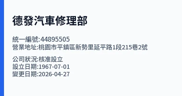 德發汽車修理部的照片-統編 44895505(桃園市) 公司登記資料與營業項目詳細圖表