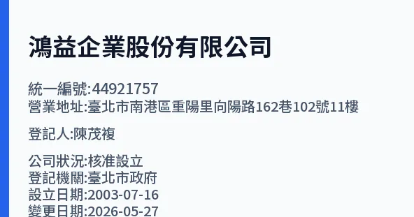 鴻益企業股份有限公司的照片-統編 44921757(臺北市) 公司登記資料與營業項目詳細圖表
