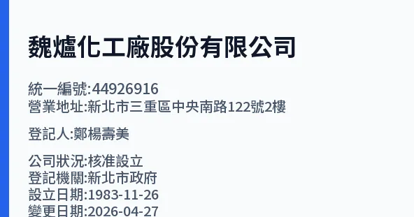 魏爐化工廠股份有限公司的照片-統編 44926916(新北市) 公司登記資料與營業項目詳細圖表