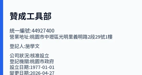 贊成工具部的照片-統編 44927400(桃園市) 公司登記資料與營業項目詳細圖表