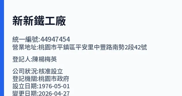 新新鐵工廠的照片-統編 44947454(桃園市) 公司登記資料與營業項目詳細圖表