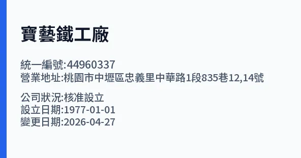 寶藝鐵工廠的照片-統編 44960337(桃園市) 公司登記資料與營業項目詳細圖表