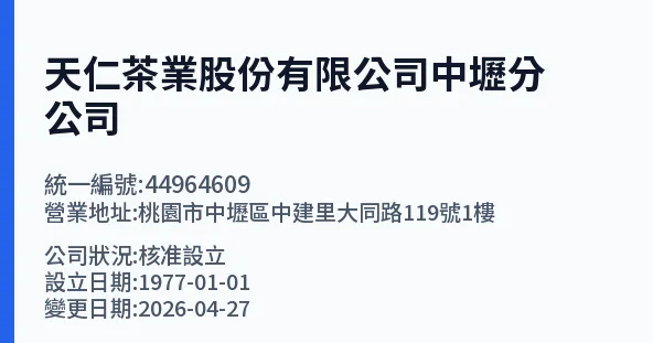 天仁茶業股份有限公司中壢分公司的照片-統編 44964609(桃園市) 公司登記資料與營業項目詳細圖表