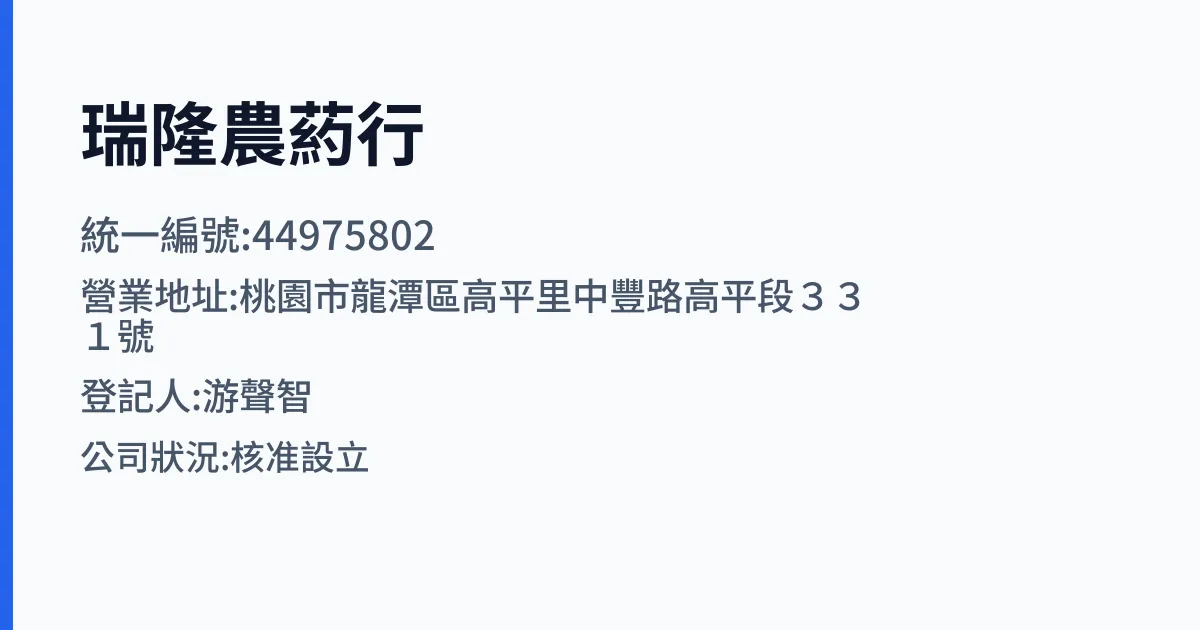 瑞隆農葯行 - 統編 44975802(桃園市) 公司登記資料與營業項目詳細圖表