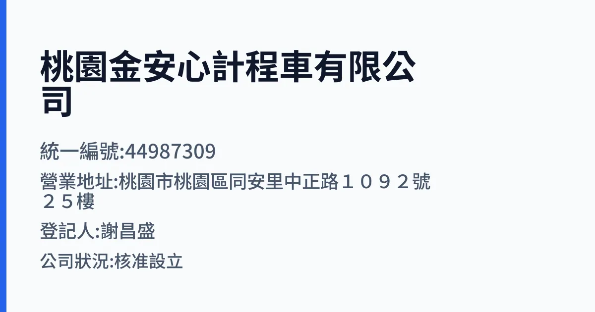 桃園金安心計程車有限公司 - 統編 44987309(桃園市) 公司登記資料與營業項目詳細圖表