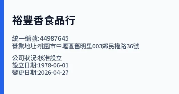裕豐香食品行的照片-統編 44987645(桃園市) 公司登記資料與營業項目詳細圖表