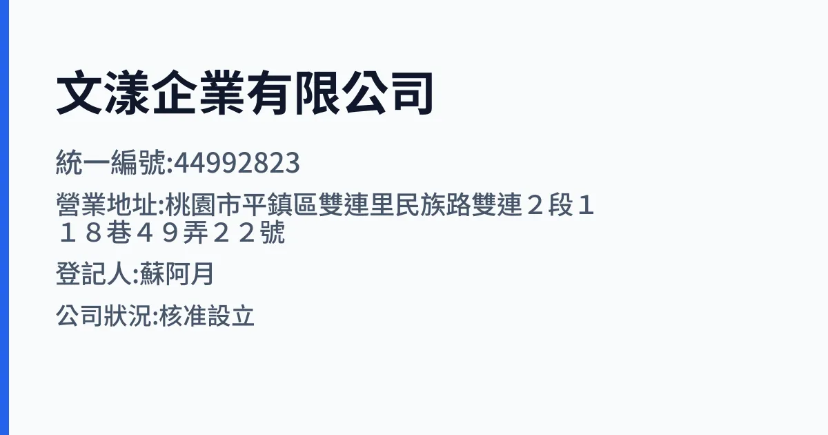 文漾企業有限公司 - 統編 44992823(桃園市) 公司登記資料與營業項目詳細圖表