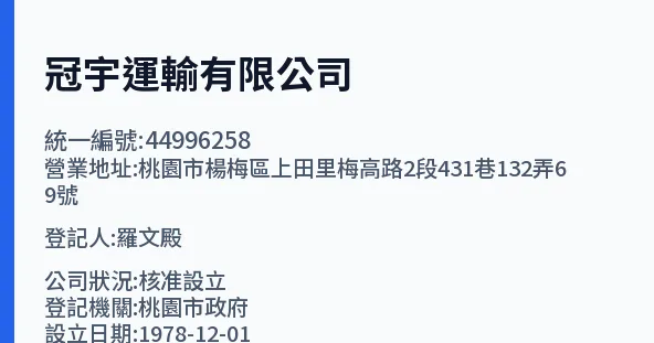 冠宇運輸有限公司的照片-統編 44996258(桃園市) 公司登記資料與營業項目詳細圖表