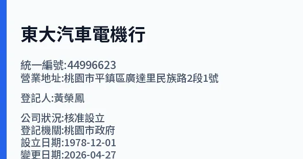 東大汽車電機行的照片-統編 44996623(桃園市) 公司登記資料與營業項目詳細圖表