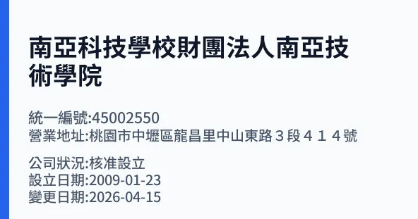 南亞科技學校財團法人南亞技術學院的照片-統編 45002550(桃園市) 公司登記資料與營業項目詳細圖表