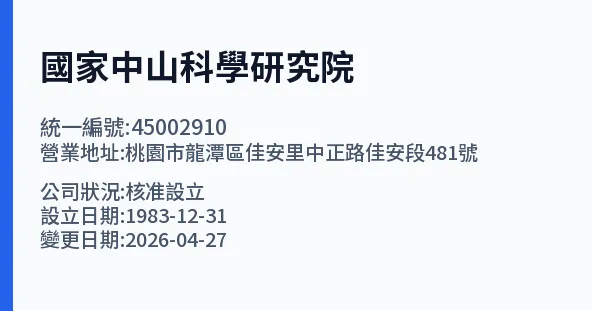 國家中山科學研究院的照片-統編 45002910(桃園市) 公司登記資料與營業項目詳細圖表