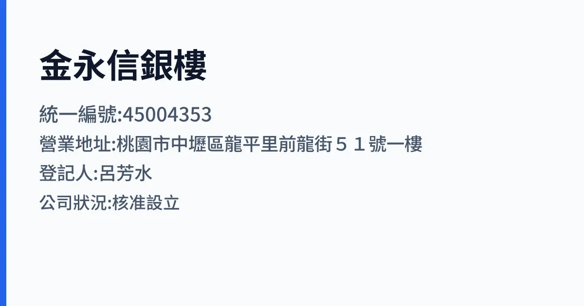 金永信銀樓 - 統編 45004353(桃園市) 公司登記資料與營業項目詳細圖表