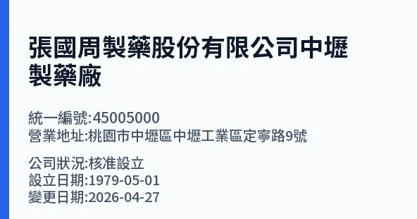 張國周製藥股份有限公司中壢製藥廠的照片-統編 45005000(桃園市) 公司登記資料與營業項目詳細圖表
