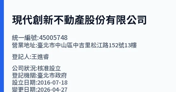 現代創新不動產股份有限公司的照片-統編 45005748(臺北市) 公司登記資料與營業項目詳細圖表