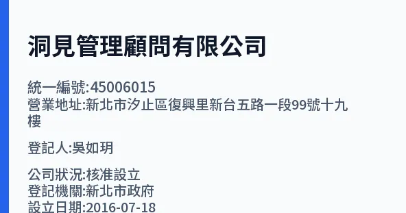 洞見管理顧問有限公司的照片-統編 45006015(新北市) 公司登記資料與營業項目詳細圖表