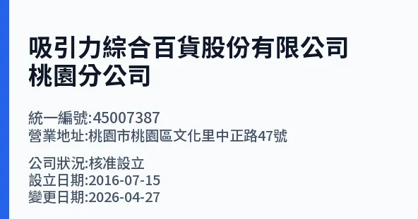 吸引力綜合百貨股份有限公司桃園分公司的照片-統編 45007387(桃園市) 公司登記資料與營業項目詳細圖表