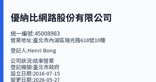 優納比網路股份有限公司的照片-統編 45008983(臺北市) 公司登記資料與營業項目詳細圖表