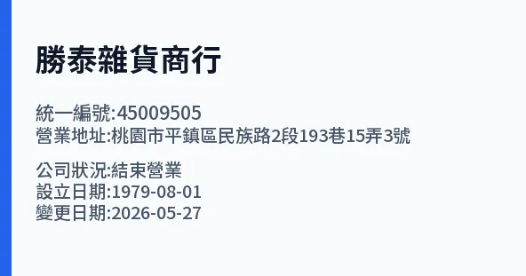 勝泰雜貨商行的照片-統編 45009505(桃園市) 公司登記資料與營業項目詳細圖表